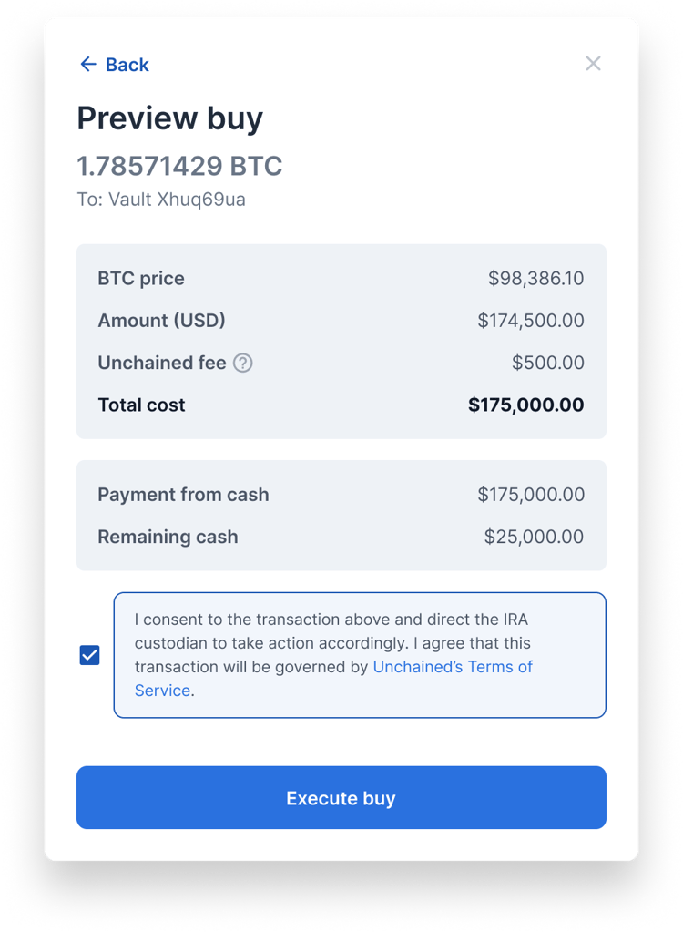 How do I buy bitcoin to my Unchained IRA?