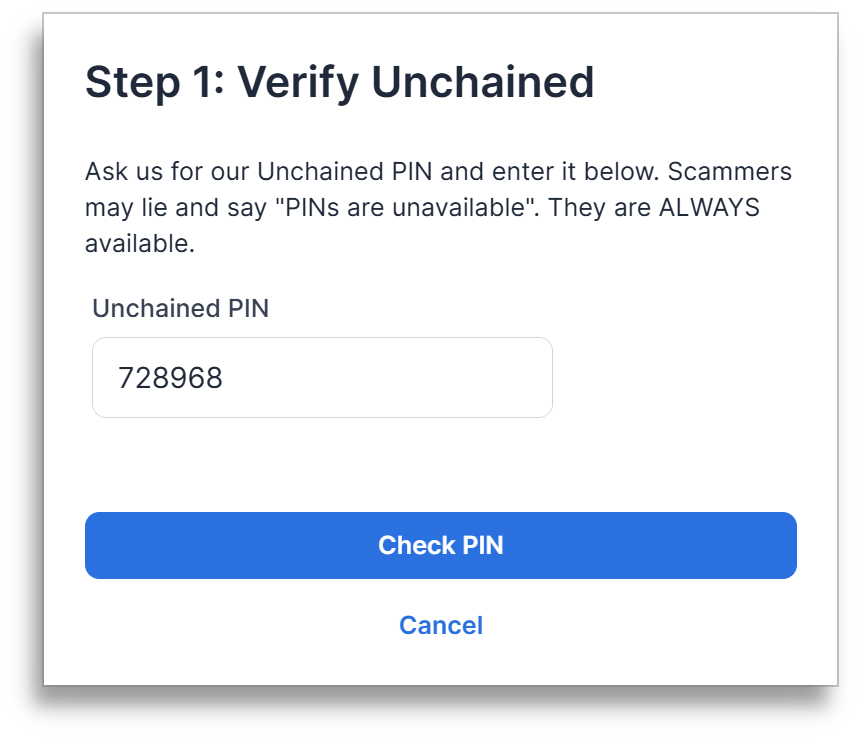 How can I confirm the identity of an Unchained employee over the phone?
