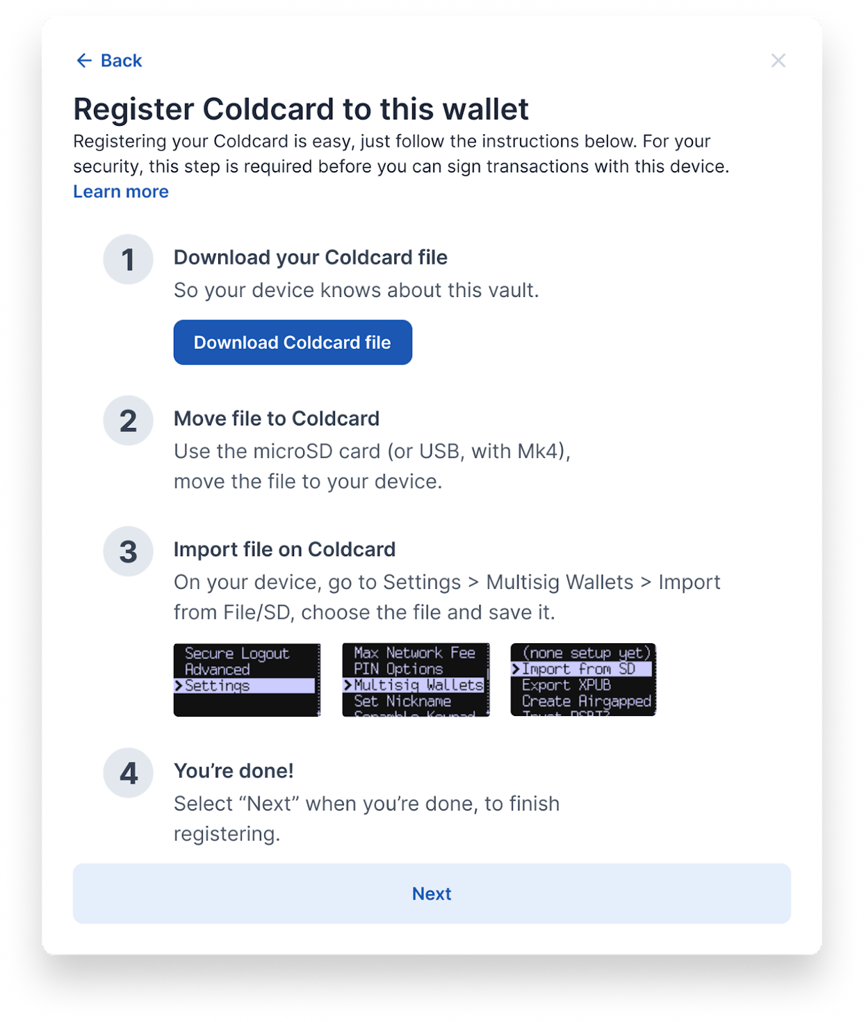 How do I register my Coldcard with my vault or loan?